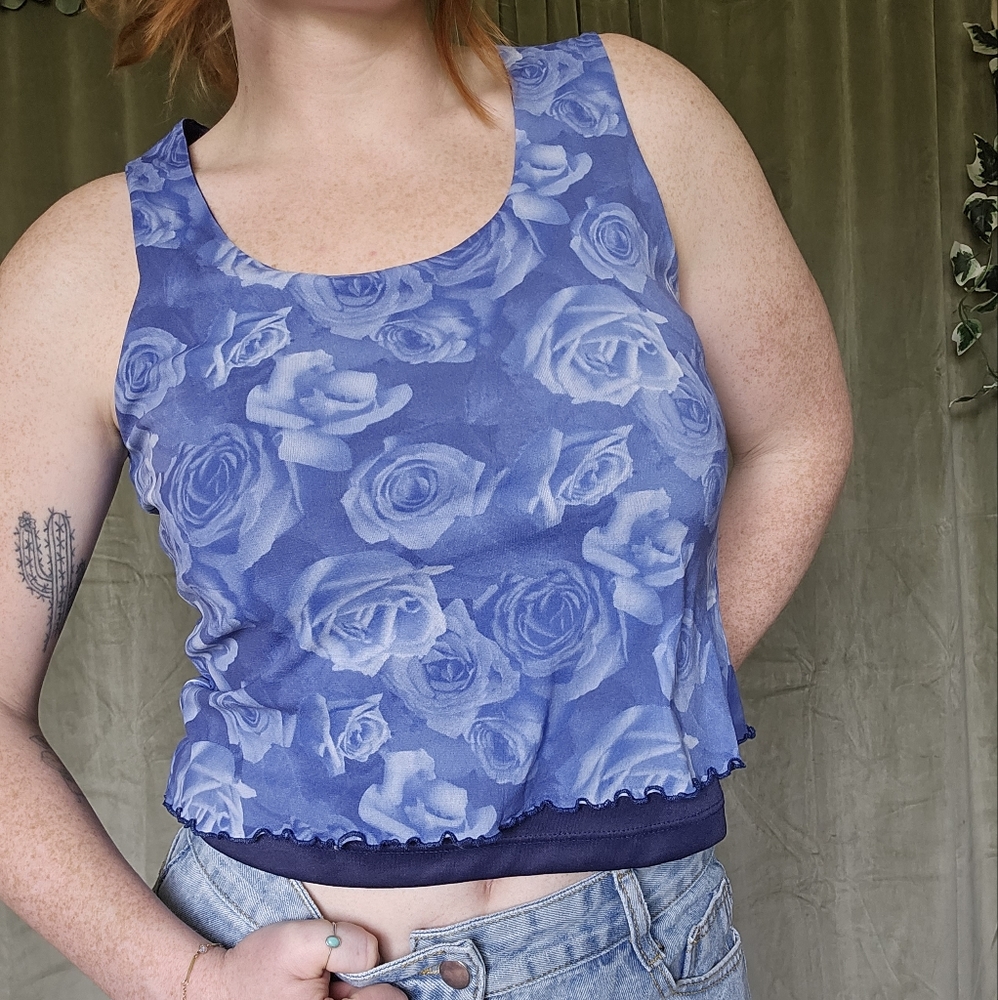 Y2k Blue Roses Cropped Tank - Gem